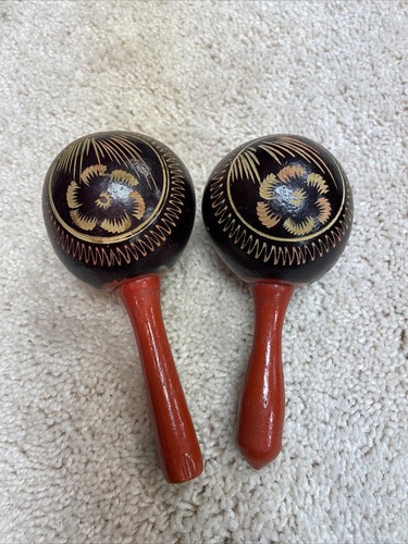 Vintage Hand Carved/Painted Wooden Maracas with Red Handles Preowned | eBay