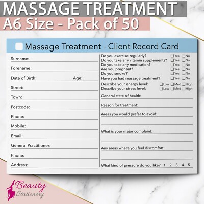 Massage Client Record Card Consultation Treatment Salon Beauty ...