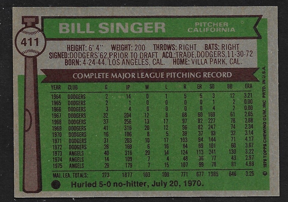 1976 TOPPS #411 Bill Singer LA CALIFORNIA ANGELS EX-MINT+ A | eBay