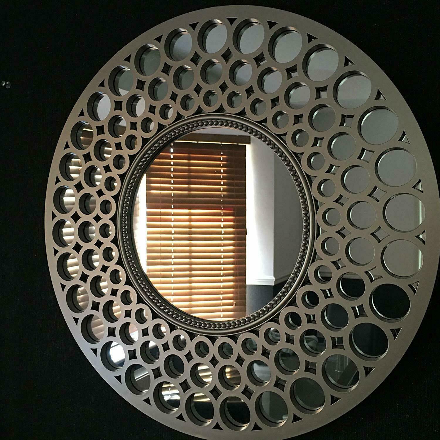 MOROCCAN LARGE SILVER ROUND WALL MIRROR ART DECO METALLIC SILVER ROUND ...