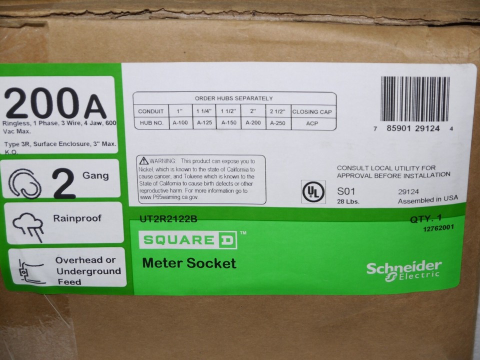 Square D UT2R2122B Double Horizontal Meter Socket 600VAC 200 Amp 1 ...