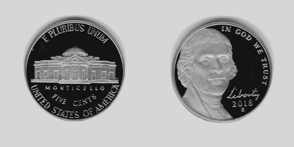2018 S Jefferson Nickel Reverse Proof & 2018 S Proof from Proof Set (2 ...