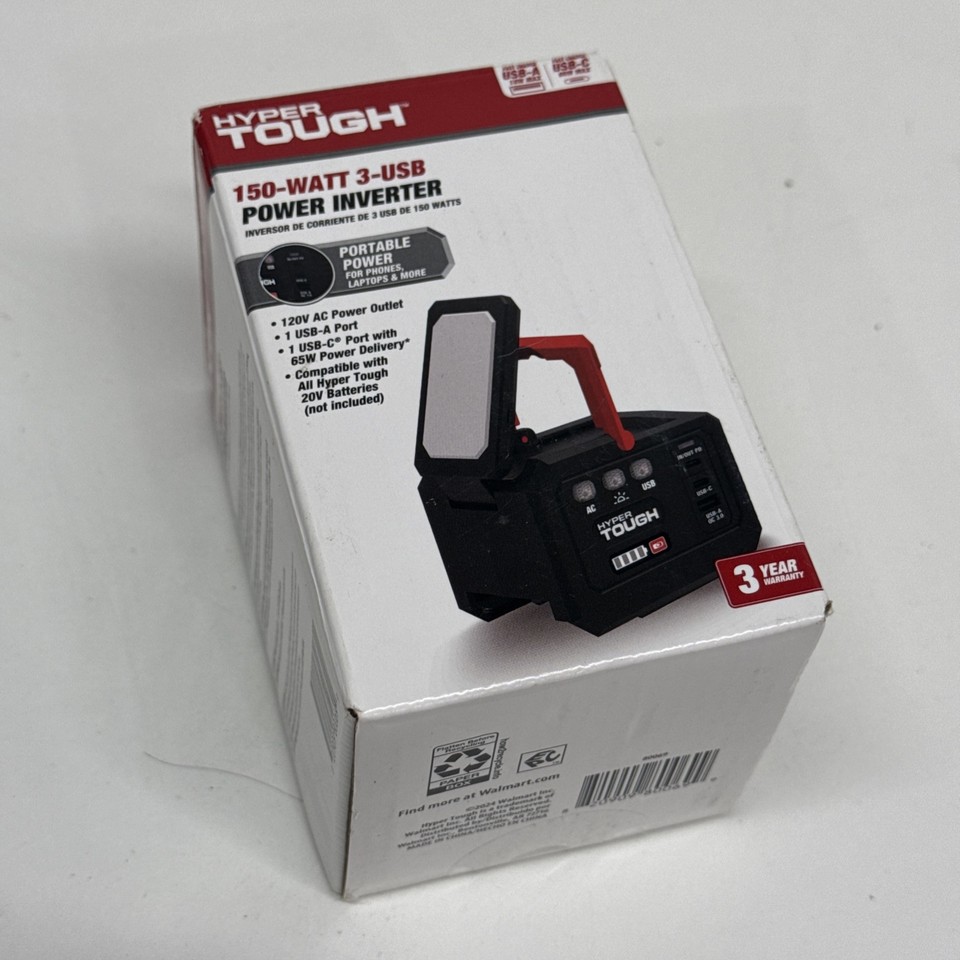 Hyper Tough 150-Watt Power Inverter 3 USB A & C Ports Work Light (Tool ...