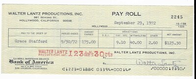 Walter Lantz Grace Stafford SIGNED Pay Roll Check Woody Woodpecker JSA ...