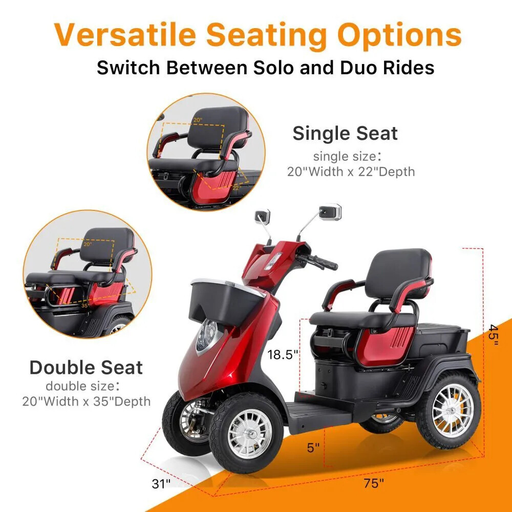 1000W 4-Wheel Heavy Duty Adjustable 2-Seat Electric Power Mobility ...
