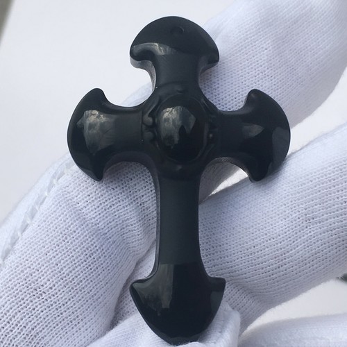 Natural obsidian hand-carved cross, crystal specimen with quartz ...