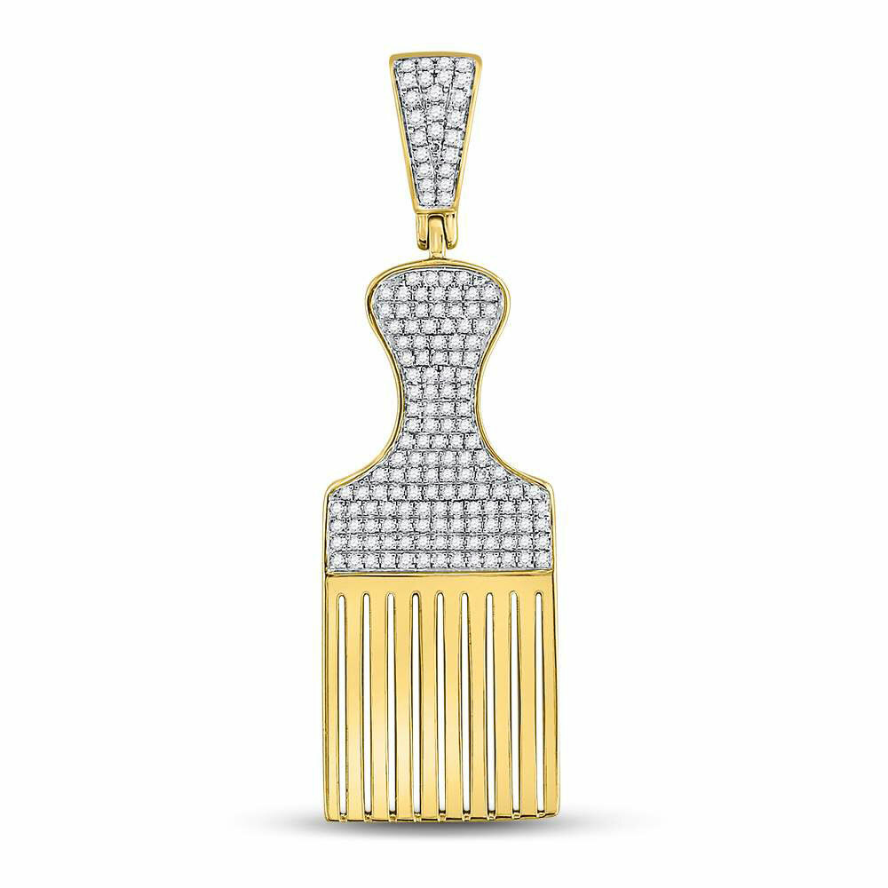 10kt Yellow Gold Mens Round Diamond Afro Hair Pick Charm Pendant 1/2 ...