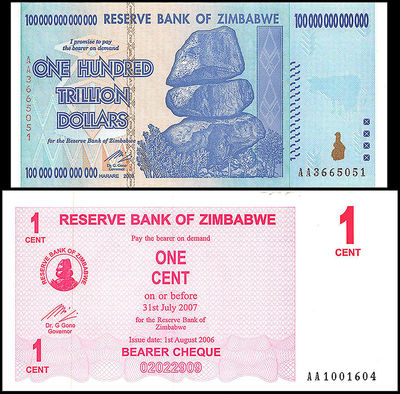 ZIMBABWE 100 TRILLION DOLLAR ZIM BOND AA 2008 SERIES 1 CENT P33 ...