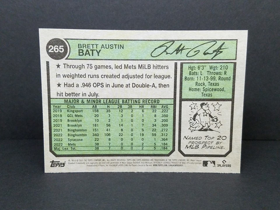 2023 Topps Heritage #265 Brett Baty, New York Mets (RC) - Base Rookie ...