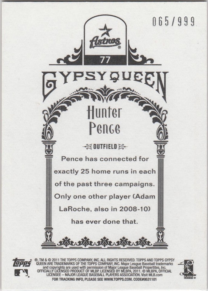 HUNTER PENCE 2011 TOPPS GYPSY QUEEN #77 FRAMED PAPER SERIAL #'D /999 | eBay