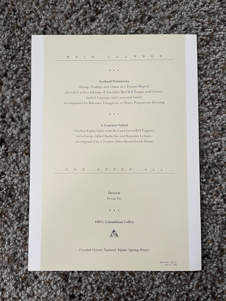 United Airlines First Class Mid-Con Service Menu 1994 | eBay