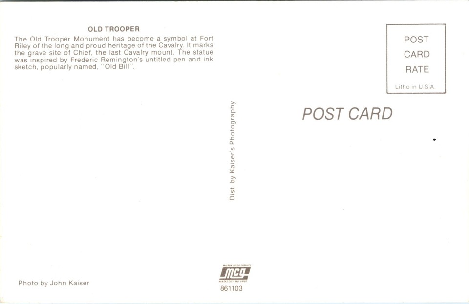 Postcard Fort Riley Kansas Old Trooper Calvary Symbol - Gravesite of ...