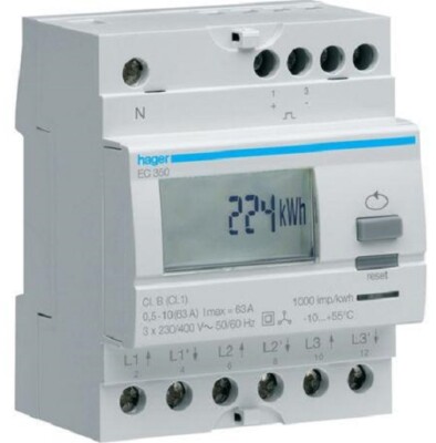 Hager KILOWATT-HOUR METER HAGEC350 230V 50-60Hz 10-63A 3-Phase Direct ...
