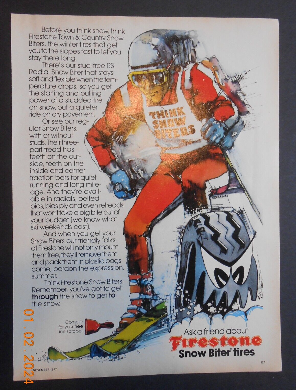 1977 Firestone snow biter tires comic cartoon AD downhill skiing ski ...