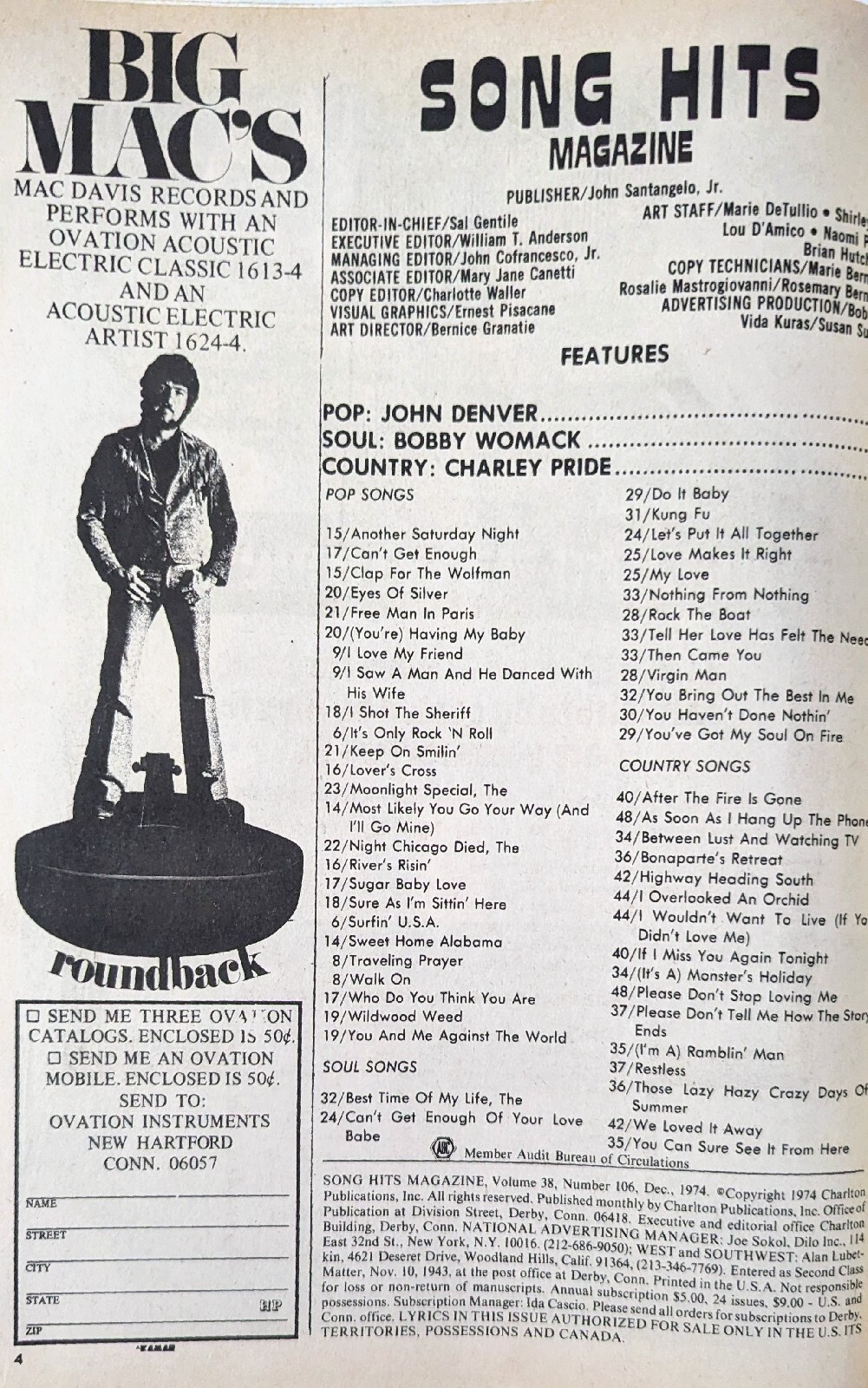 Song Hits Magazine December 1974 John Denver, Charley Pride, Bobby ...