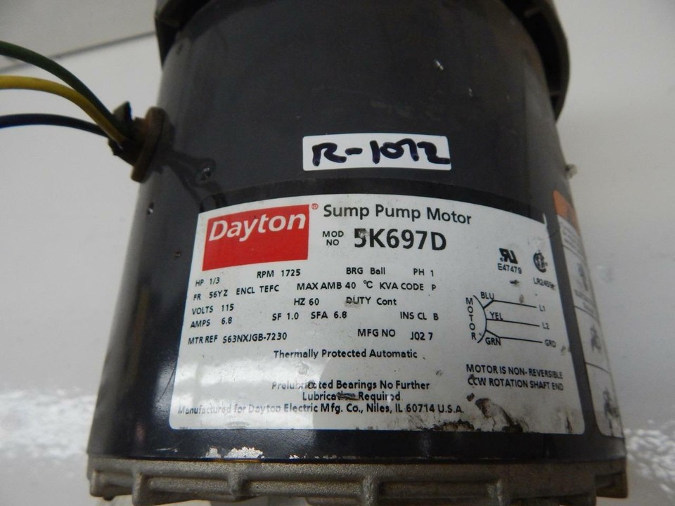 Dayton 5K697D 1/3HP 115V CCW Motor 1725RPM Frame 56YZ Sump Pump Motor ...