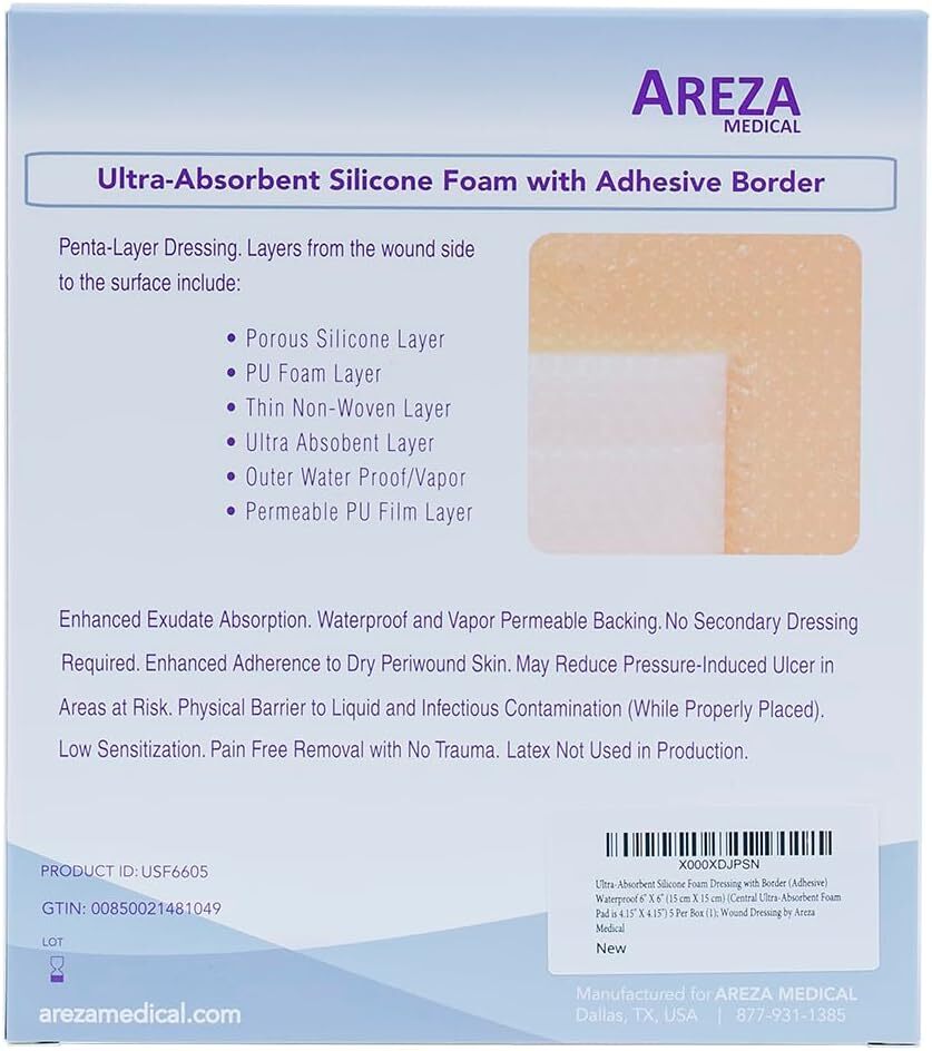 Areza Medical Silicone Foam (Ultra-Absorbent) Wound Dressing 6" x (5 ...