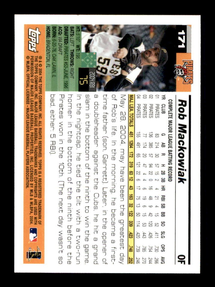 2005 Baseball Topps Rob Mackowiak Pittsburgh Pirates #171 | eBay