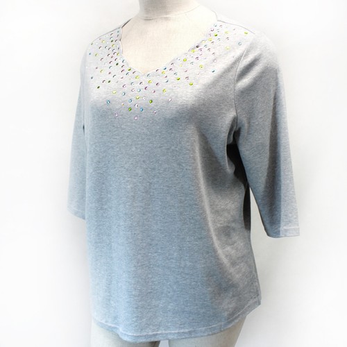Quacker Factory Plus Gray V-Neck Beaded Studs Tunic Top Sweatshirt 1X ...