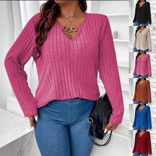 Women Long Sleeve V Neck Ribbed T Shirt Ladies Plain T-shirt Casual ...