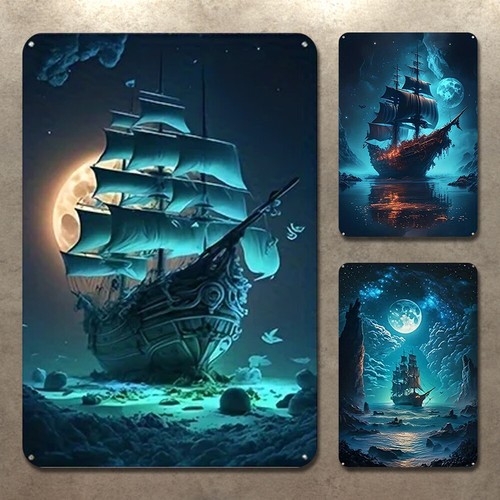 3Pcs Boat Vintage Metal Plate Rectangular Iron Painting Home Bar Decor ...