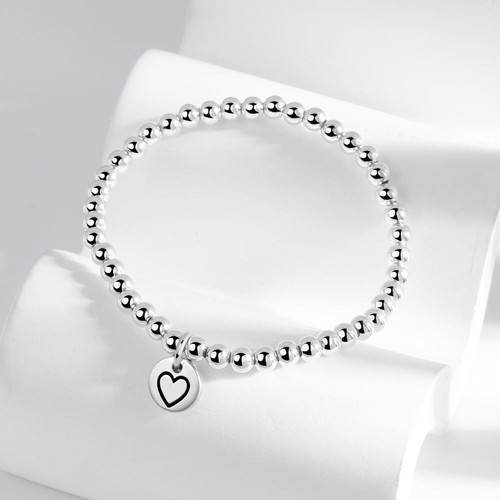 Elastic 925 Sterling Solid Silver Charm Heart Beaded Chain Bracelets ...