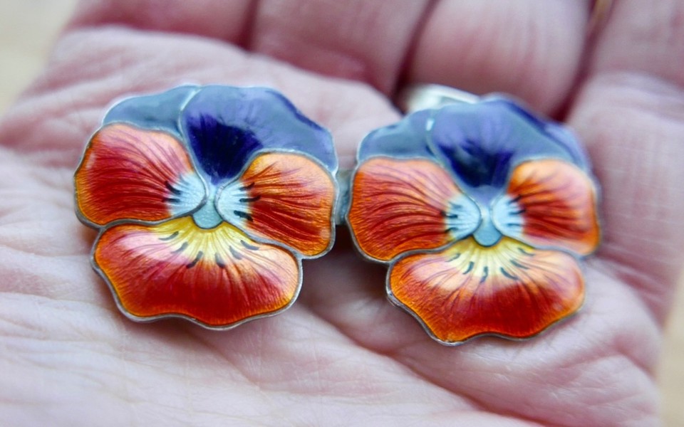 COLOURFUL VINTAGE ART DECO STERLING SILVER ENAMEL DOUBLE FLOWER PANSY ...