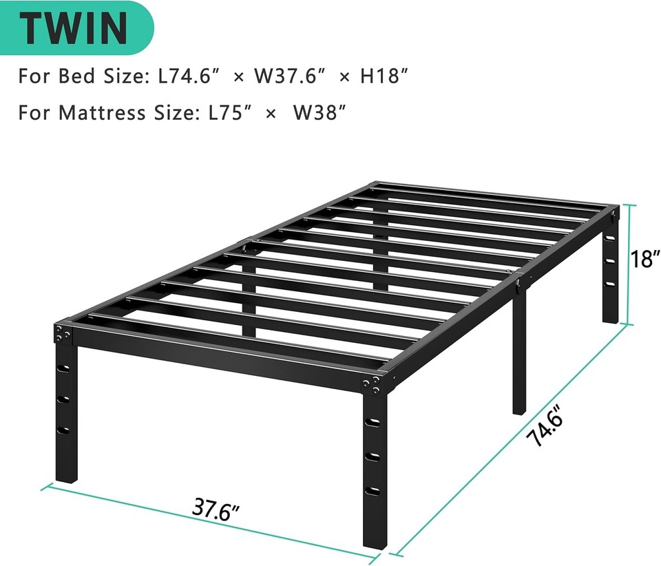 Twin Size Metal Platform Bed Frame 14 Inch Tall No Box Spring Needed ...