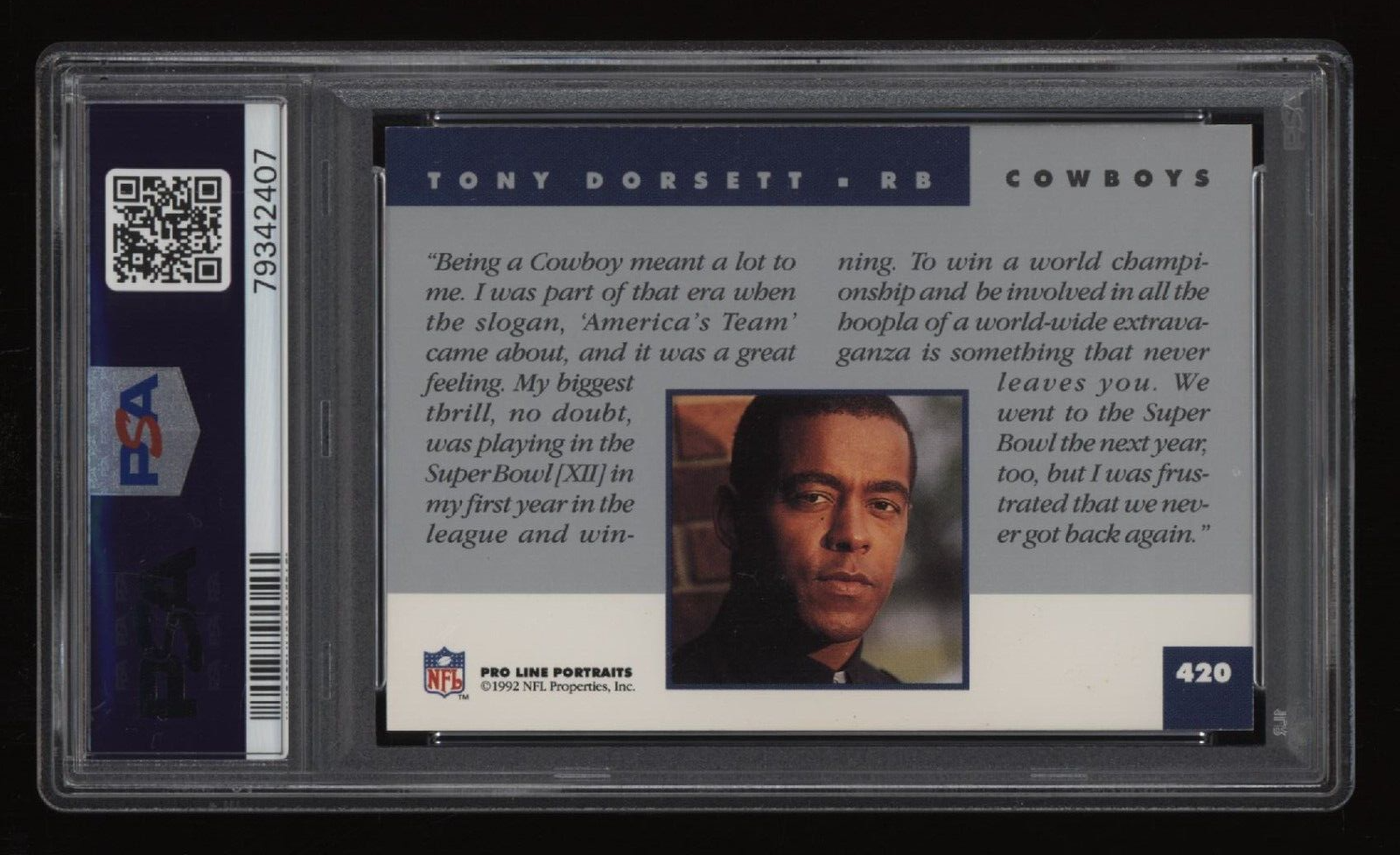 1992 Tony Dorsett PSA DNA Authentic Pro Line Portraits On Card Auto ...