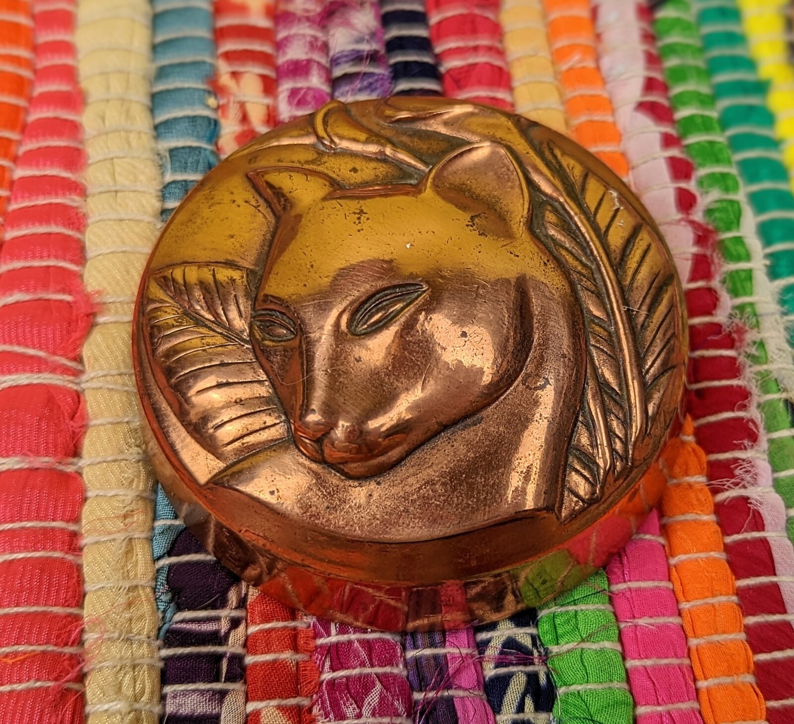 Vintage Copper Paperweight Embossed Cat Lioness And Calla Lily 3" | eBay