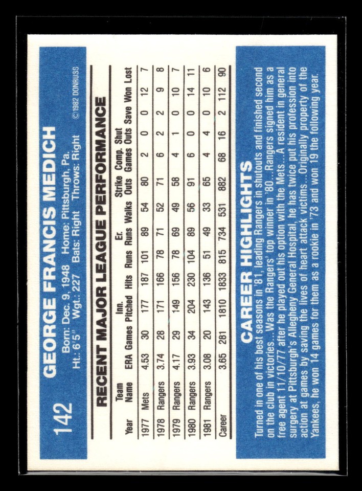 1982 Donruss Baseball #142 Doc Medich "Set Break" Mint Texas Rangers | eBay