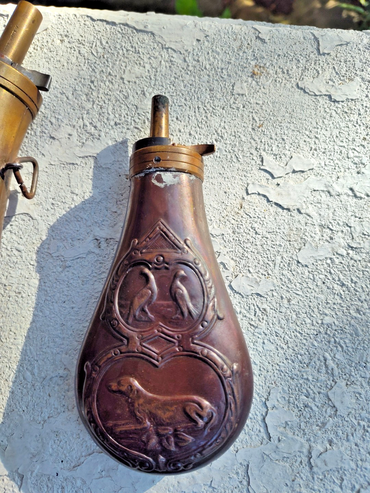 2 Pcs BRASS POWDER BOTTLES FLASKS US EAGLE PEACE FRIENDSHIP CIVILWAR ...