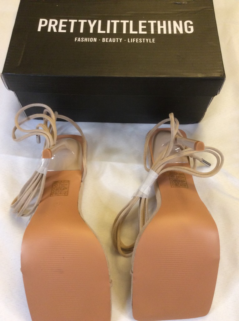 Pretty Little Thing Sandals Womens 6 Slim Heels Shoes Beige Strappy | eBay