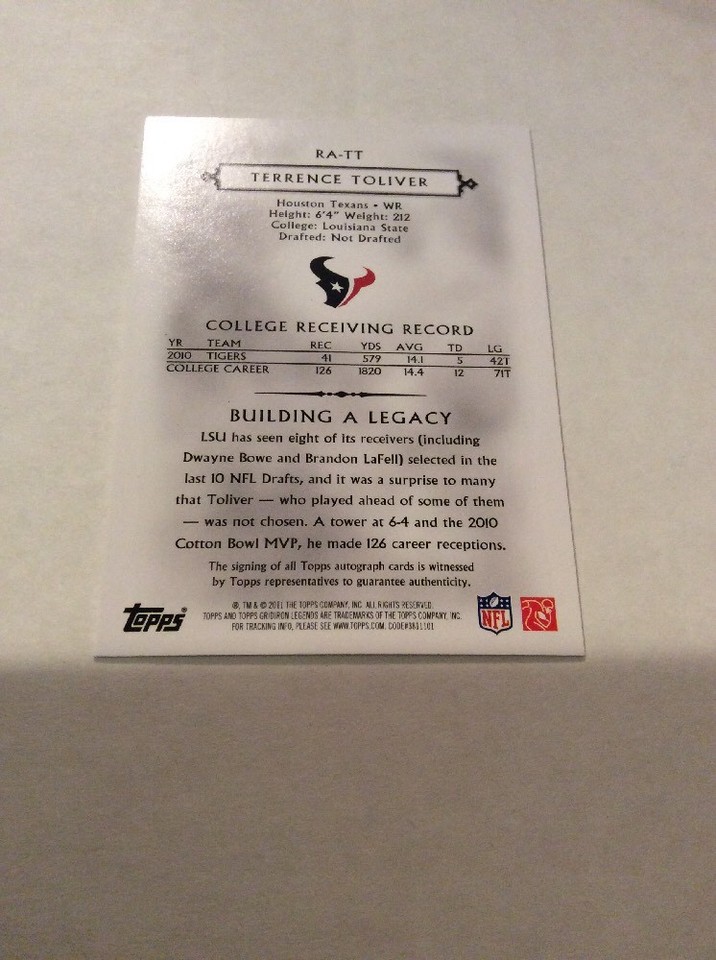 Terrence Toliver 2011 Topps Legends Rookie Autographs #RATT | eBay