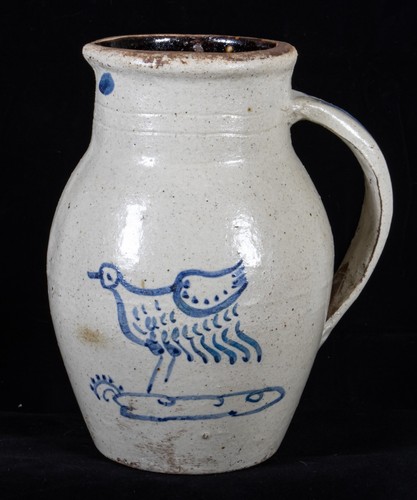 Antique Cobalt Blue Decorated Stoneware Jug w handle Bird Folk Art ...