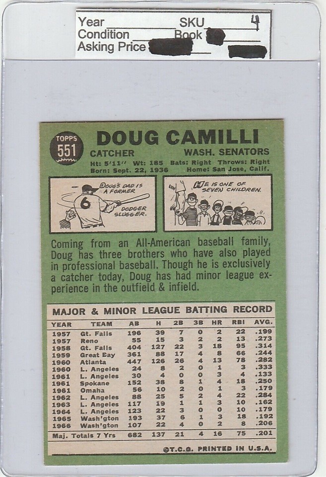 1967 TOPPS #551 DOUG CAMILLI WASHINGTON SENATORS HIGH NUMBER # WOW 6TH ...