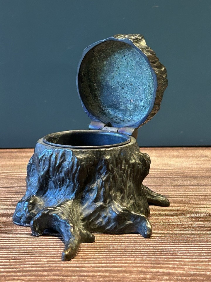 Antique Bronze Figural Tree Stump Inkwell Victorian Desk Accessory w ...