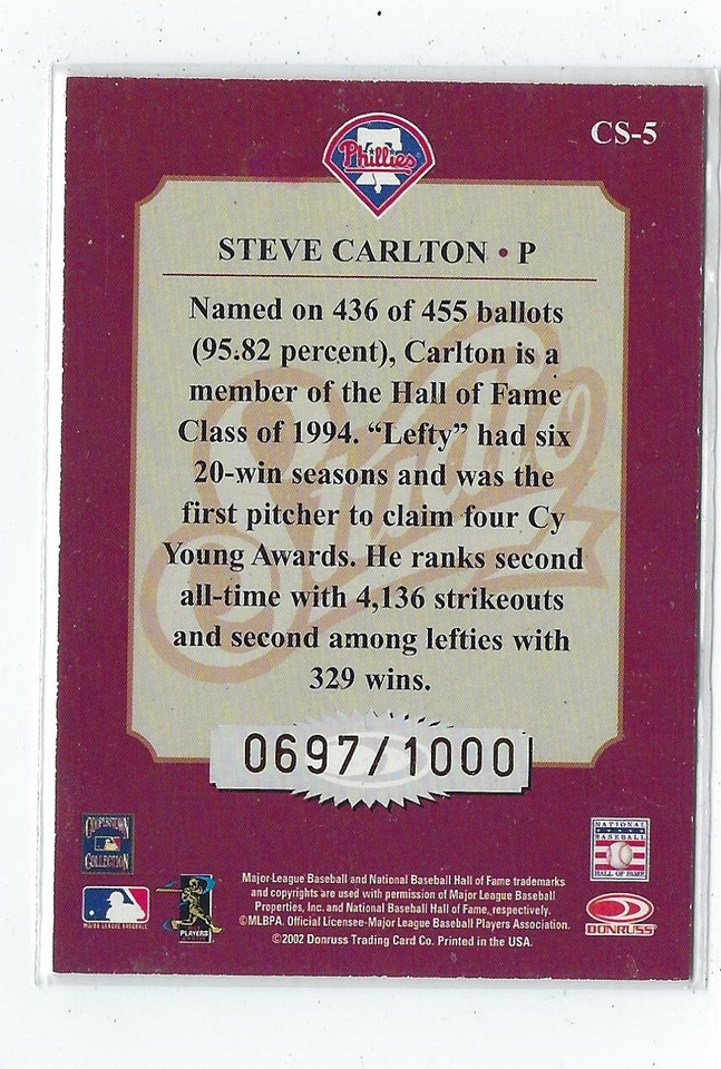 Steve Carlton 2002 Donruss Studio Classic / Card# CS-5/ SN# 0697/1000 ...