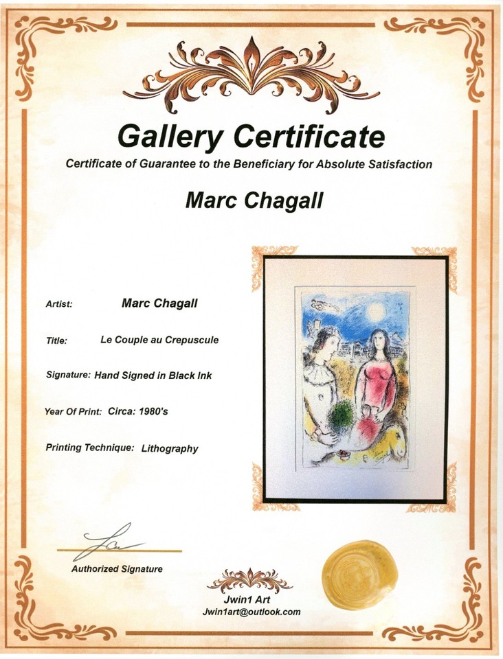 Hand signed 14x18 Inch Marc Chagall DLM Lithograph - Le Couple au ...