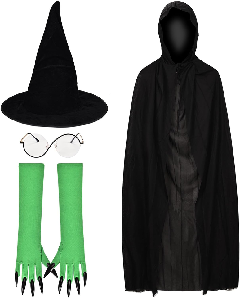 Wicked Halloween Costume Set, 5-Piece Witches Hat, Cloak, Green Gloves ...
