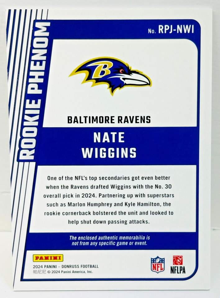 NATE WIGGINS 2024 Donruss Rookie Phenom Jersey Patch RC #RPJ-NWI Ravens ...