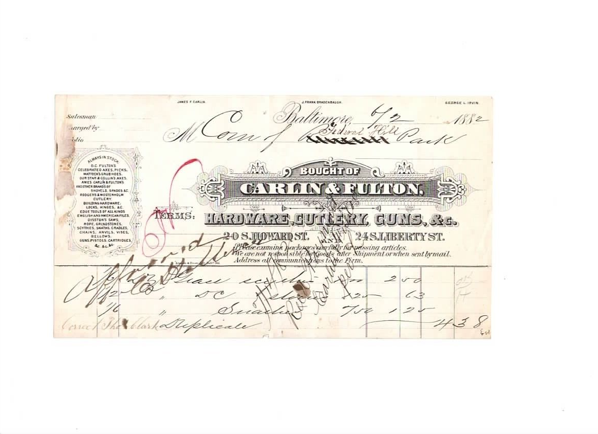 1882 BALTIMORE, MD CARLIN & FULTON HARDWARE CUTLERY GUN STORE INVOICE ...