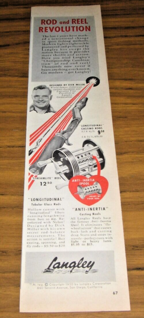 1951 Print Ad Langley Streamlite Fishing Reels & Glass Rods San Diego ...