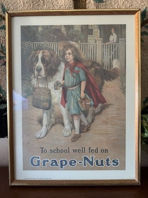 1975 Grape-Nuts Ad Print “To School Well Fed” Framed Lithograph Girl ...