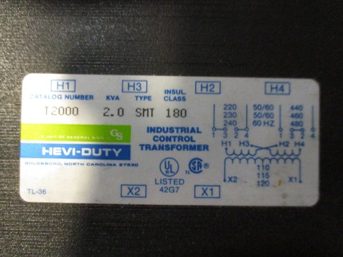 Hevi Duty T2000, 2 KVA, 1 Phase, 240x120 Volt Control Transformer ...