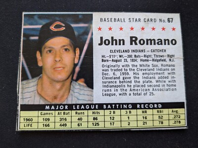 1961 Post Cereal Baseball Card # 67 John Romano - Cleveland Indians (GD ...
