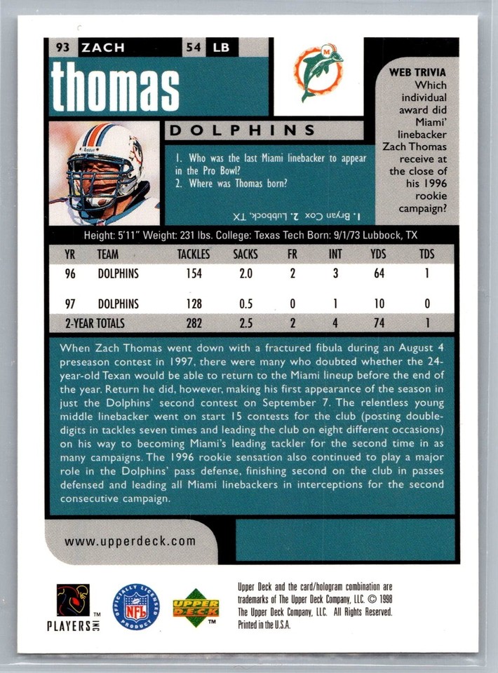 1998 Upper Deck CHOICE Card # 93 Zach Thomas - Miami Dolphins | eBay