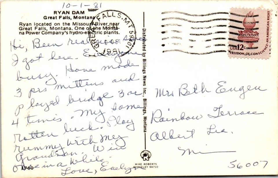 Chrome Postcard Ryan Dam Great Falls Montana MT Missouri River PM 1981 ...