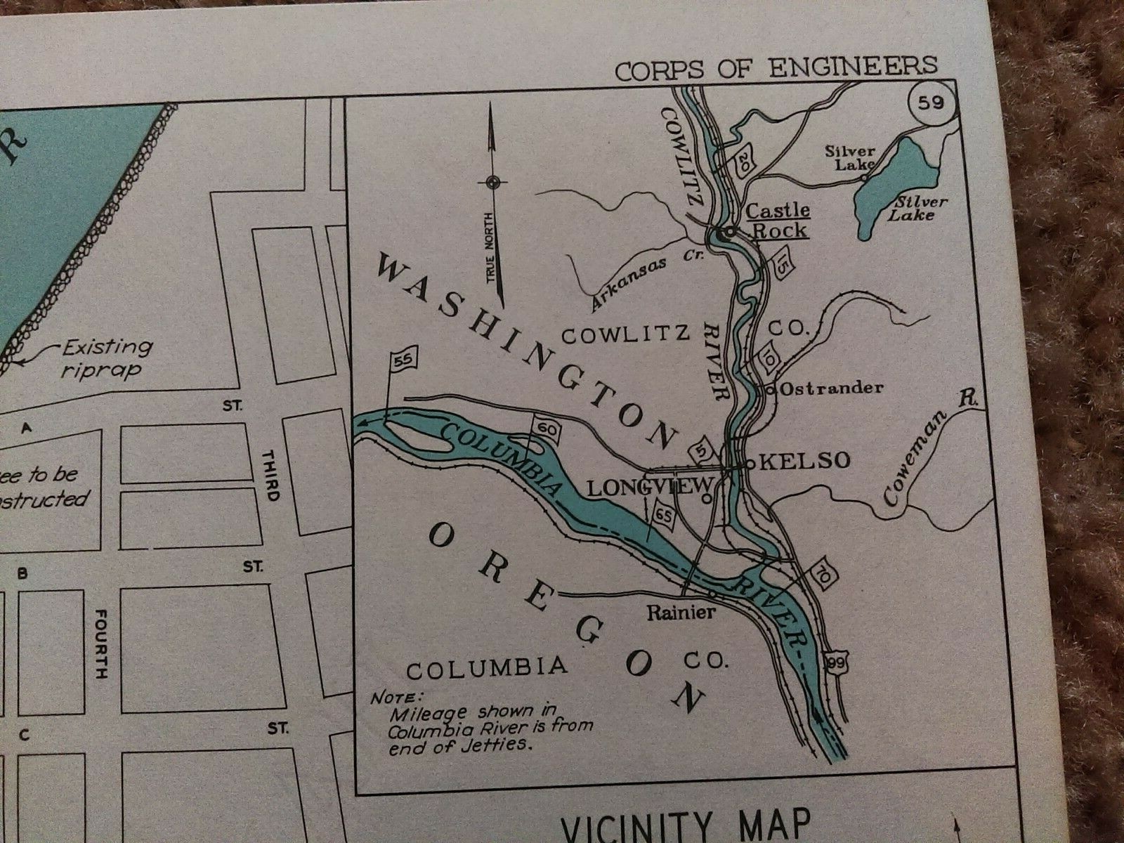 1949 Map Columbia Basin Castle Rock Cowlitz River WA OR Flood Control ...