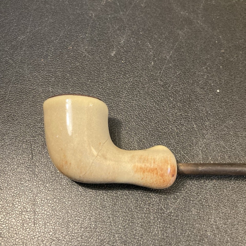 White Coated Metal (?) Bowl Estate Tobacco Pipe Long Stem Unusual Looks ...